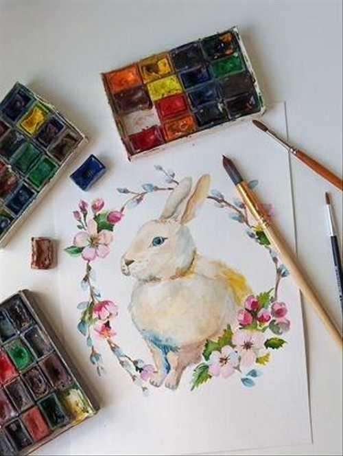 Картина "Пасхальный кролик" акварель, А4