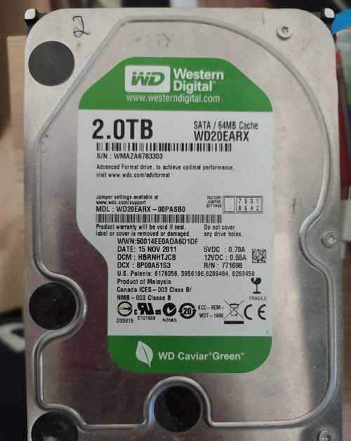 Жесткий диск 2TB WD20earx Б/У (пробег 212 часов)