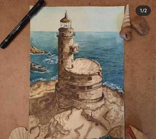 Картина, акварельные картины, маяк Анива