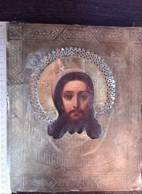 Икона Спас Нерукотворный на убрусе в окладе 19 век