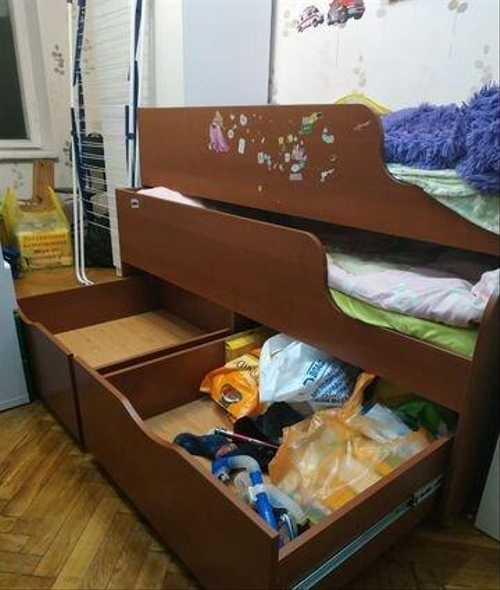 Детская кровать двухуровневая с ящиками