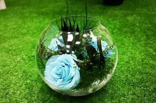 Флорариум, розы в колбе голубые, декор от