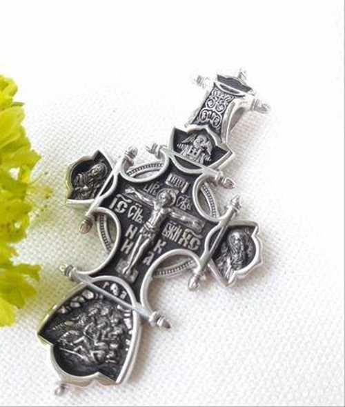 Массивный серебряный крест со святыми. Родирован