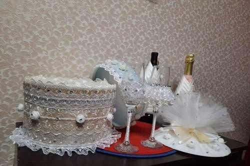 Свадебный набор: сито, тарелка, быки, бокалы