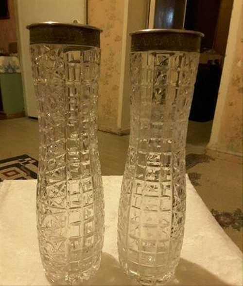 2 хрустальные цветочные вазы с серебряным ободком