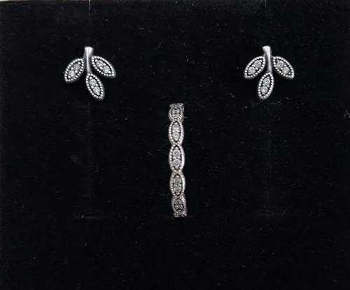 Pandora кольцо и серьги серебро 925