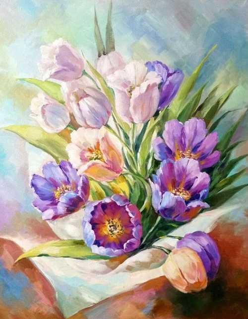 Картина маслом "Букет тюльпанов"