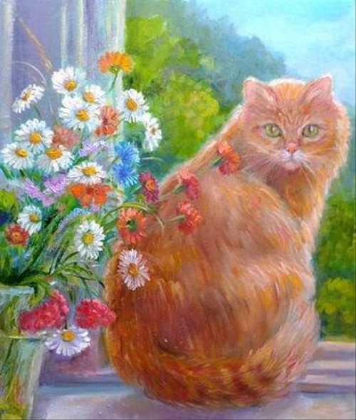 Картина маслом. Рыжий кот с цветами на окне. 30х40