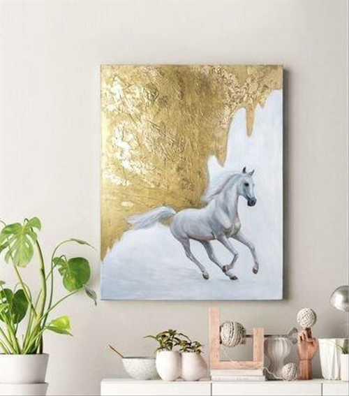 Картина лошадь золотая поталь масло большая