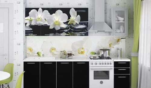 Кухонный гарнитур Орхидея белая-черное дерево 2 м