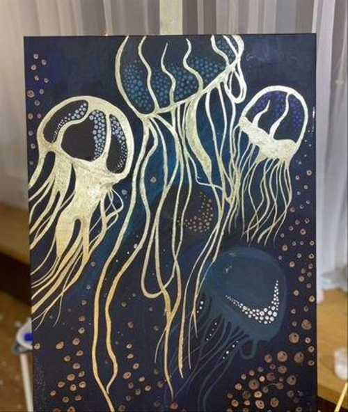 Интерьерная картина «Медузы». Акрил, поталь