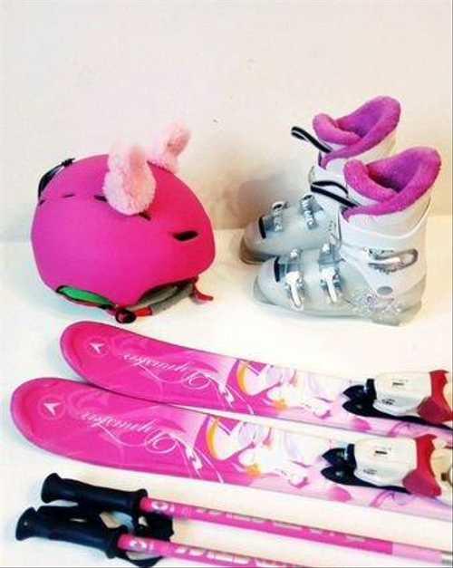 Горные лыжи 110 см + ботинки + шлем + палки