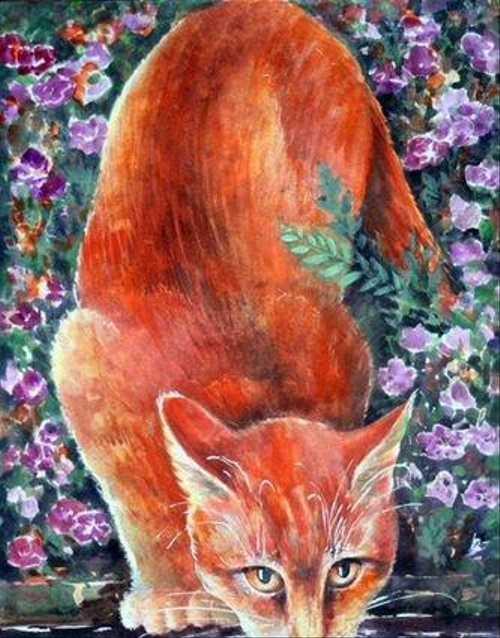 Картина "Рыжий кот на водопое"