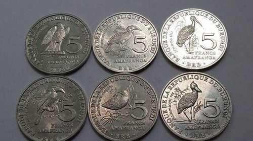 Юбилейные монеты. Бурунди. 5 франков 2014. Птицы