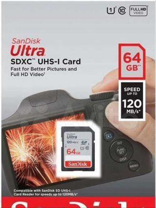 Карта памяти SanDisk Ultra sdxc 64Gb 120MB/s (K54)