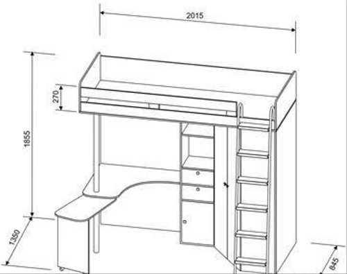 Кровать-чердак с рабочей зоной и шкафом