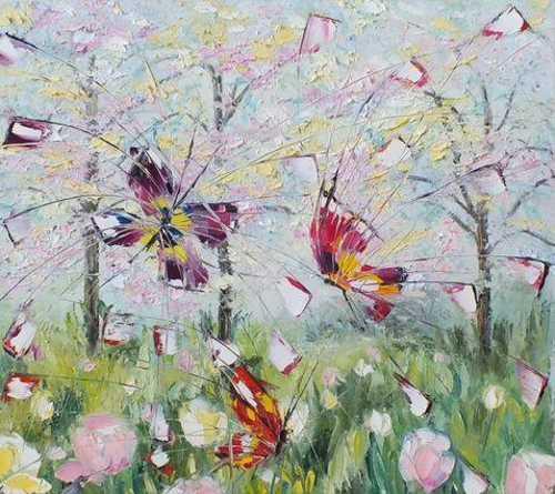 Картина мастихином мазками Бабочки в саду