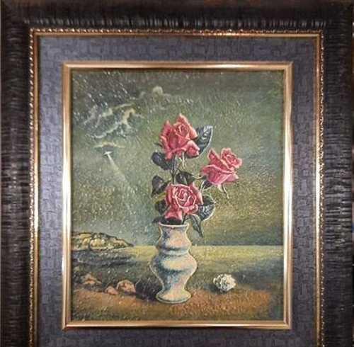 Картина маслом"Букет роз на фоне морского пейзажа"