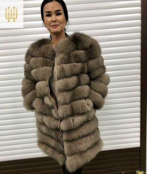 Шуба из меха песца на натуральной замше 90см