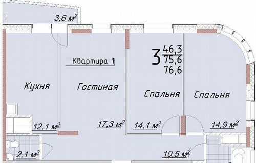 3-к квартира, 77 м², 6/16 эт.