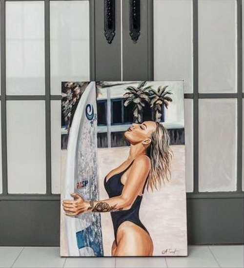 Картина интерьерная акрил девушка море серфинг