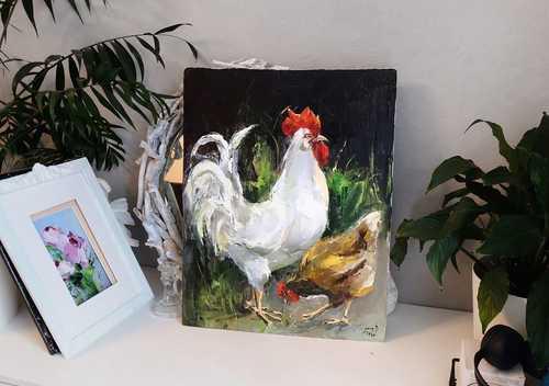 Белый петушок с курицей. Картина маслом 40х50 см