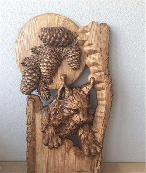 Панно большое Рысь из дуба