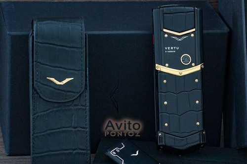 Vertu черно золотой в крокодиле с чехлом