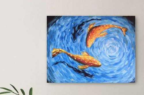 Картина маслом морской пейзаж рыбки, море, озеро