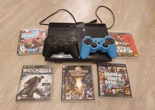 PS3 super slim 500GB + 2 джойстика + 5 игр