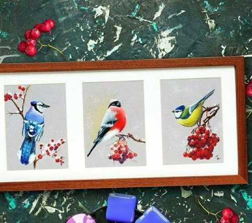 Картина триптих птицы: синица, снегирь, сойка
