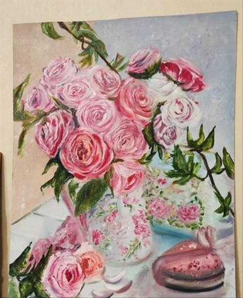 Большая картина маслом, розовые розы, нежный натюр