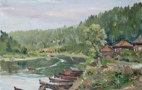 Картина маслом "лодки на реке Чусовая"