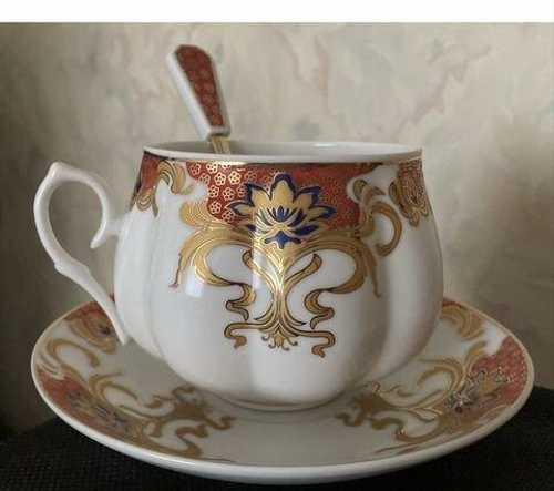 Новая чайная пара с ложкой Fine porcelain