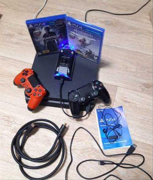 Ps4 slim 500gb+2 геймпада+Fifa19+2 диска+80 игр