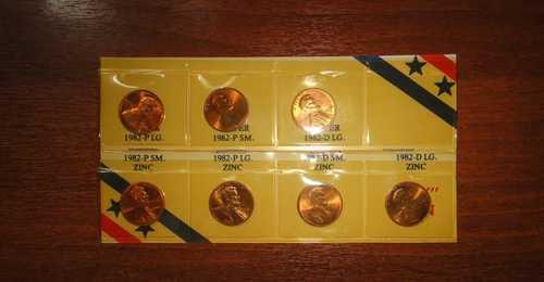 Монеты 1 цент США 1982 года (7 разновидностей)