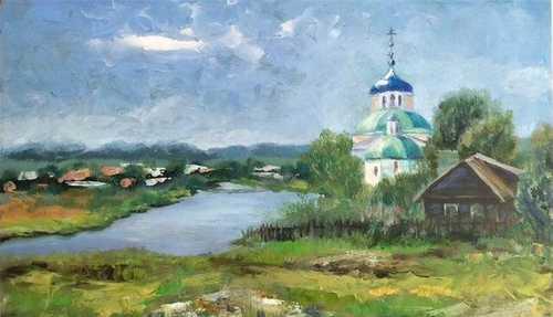 Картина Церковь у реки Летний пейзаж маслом