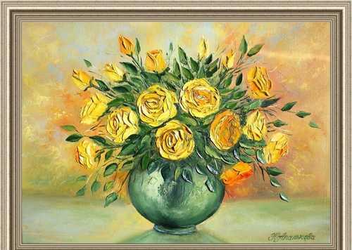 Картина маслом "Желтые розы в вазе."