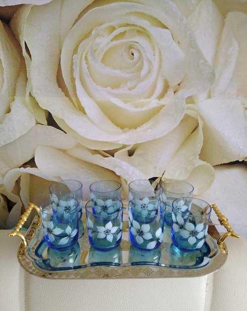 Синие стаканы СССР тонкое стекло 8шт