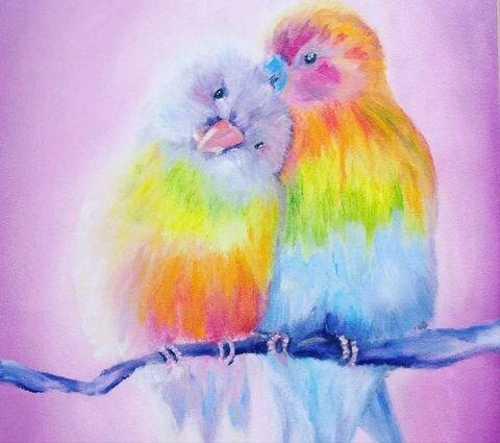 Картина маслом с попугаями "Неразлучники"