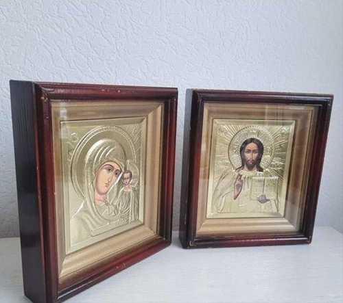 Иконы Христос и Казанская Богоматерь оклад стекло