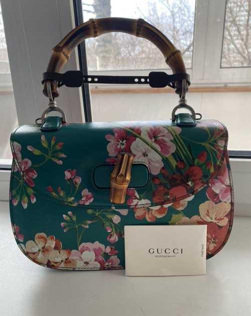 Сумка Gucci bamboo зелёная с цветочным рисунком