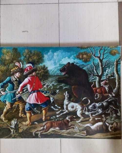 Картина маслом изобрающая сцену охоты в стиле стар
