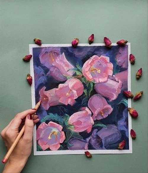 Картина розовые цветы пастелью