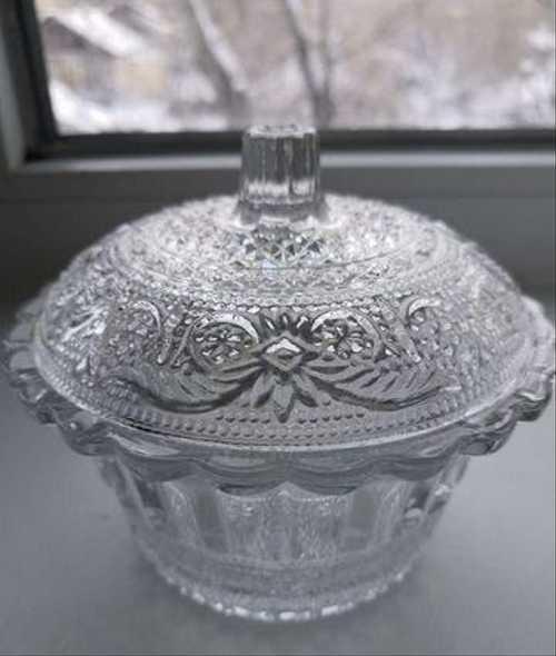 Сахарница с крышкой рифленое ажурное стекло СССР