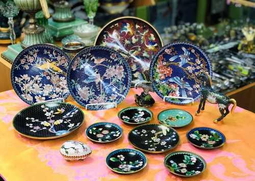 Плоские тарелки клуазоне эмаль Китай 50 годы