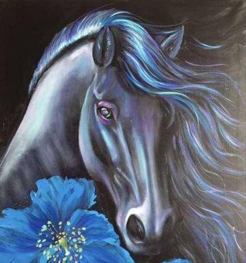 Картина Лошадь в голубых маках 60*50 см акрил/масл