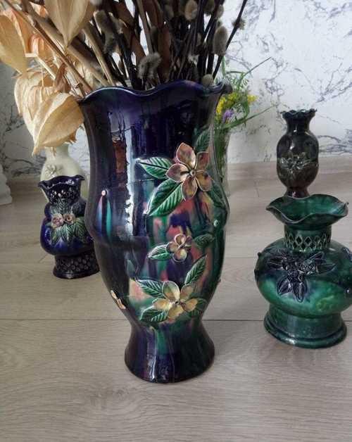 Большая синяя вазочка, ваза для цветов, подарок