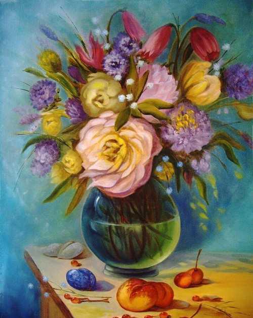 Картина маслом "Цветы и фрукты"