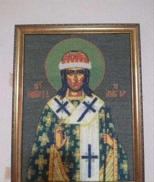 Икона вышитая крестом Никита Новгородский